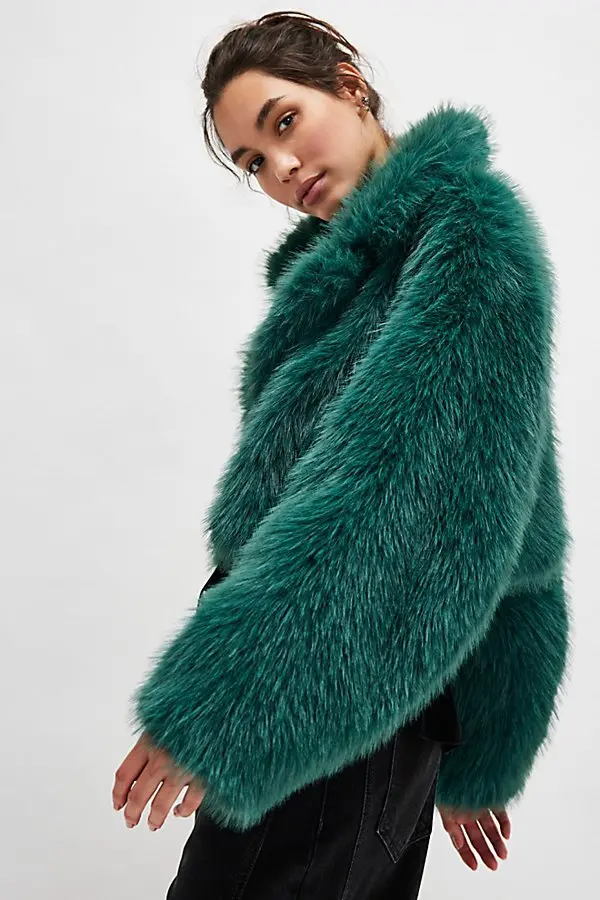 Free People Paris Cropped Faux Fur Jacket - Uncut Emerald